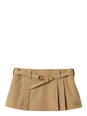 Miu Miu Pleated Poplin Miniskirt With Leather Belt - Cork Beige