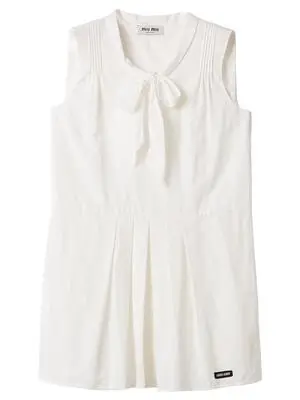 Miu Miu Slubbed Poplin Sleeveless Dress With Bow Detail - White