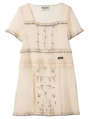 Miu Miu Embroidered Tulle Mini-dress - Natural