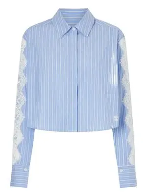 Simkhai Renata Cropped Lace-trimmed Striped Cotton-poplin Shirt - Blue