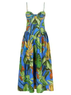 Farm Rio Banana Grapes Print Linen-blend Midi Dress - Blue