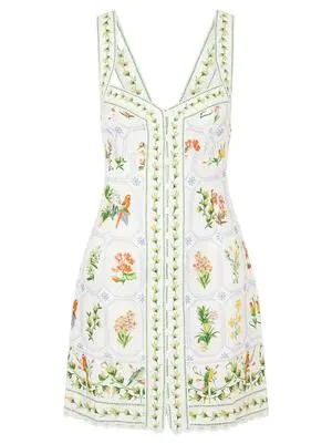 Farm Rio Tropical Porcelain Printed Linen Mini Dress - White