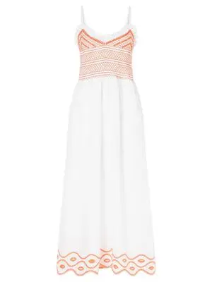 Loretta Caponi Bianca Embroidered Shirred Cotton Midi Dress - White