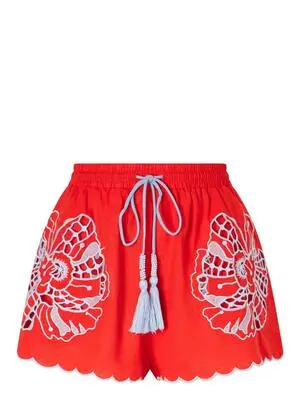 Farm Rio Embroidered Linen-blend Shorts - Red