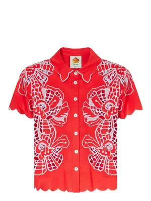Farm Rio Embroidered Linen-blend Shirt - Red