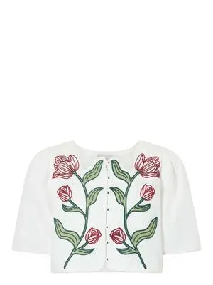 Farm Rio Farm Rio Floral Embroidered Cropped Linen Top Off-white