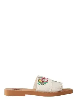 Chloé Embroidered Raffia And Leather Slides - Neutrals