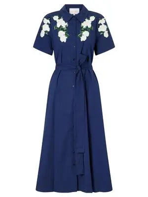 Carolina Herrera Belted Floral Embroidered Cotton-blend Midi Dress - Blue