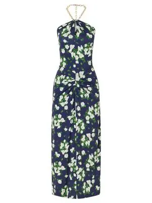 Carolina Herrera Floral Print Embellished Satin Halterneck Midi Dress - Blue