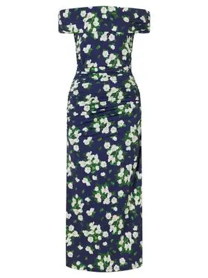 Carolina Herrera Carolina Herrera Floral-Print Gathered Off-Shoulder Midi Dress Navy