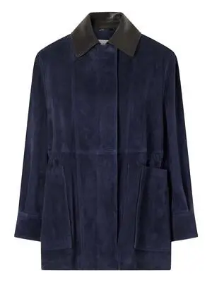 Nour Hammour Nour Hammour Grange Gathered Suede Jacket With Leather Trim Navy