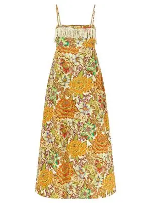 ALEMAIS Lana Fringed Floral-print Linen Midi Dress - Yellow