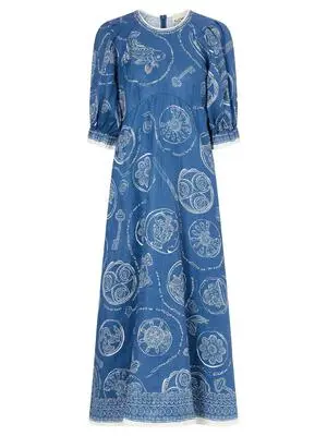 ALEMAIS Lucky Printed Linen Midi Dress - Blue