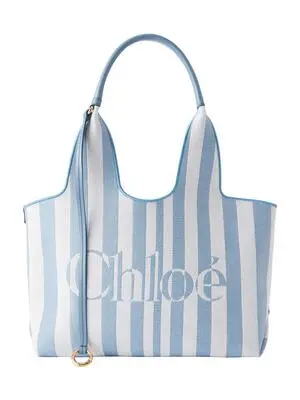 Chloé Chloé Striped Canvas Shoulder Bag With Leather Trim Sky Blue