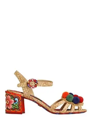 Dolce & Gabbana Raffia Sandals With Embroidery And Pom-poms - Multicolor