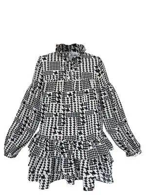 MAXJENNY Houndstooth" Chiffon Mini Dress - Black