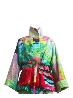 MAXJENNY Printed Boxy Jacket With Stand Collar And Belt - Green/red