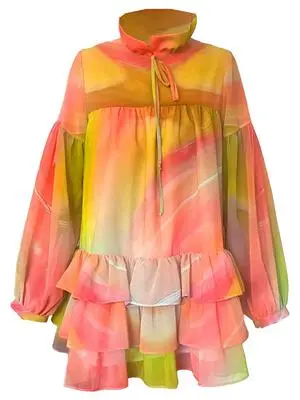 MAXJENNY Voluminous Chiffon Mini Dress With Tiered Ruffles - Yellow