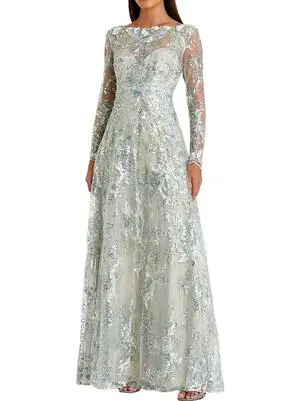 Mac Duggal Floral Embroidered Illusion Long Sleeve Gown - Mist