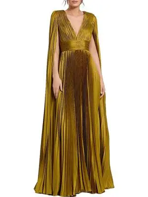 Mac Duggal Mac Duggal Pleated Charmeuse Gown With Cape Sleeves Chartreuse