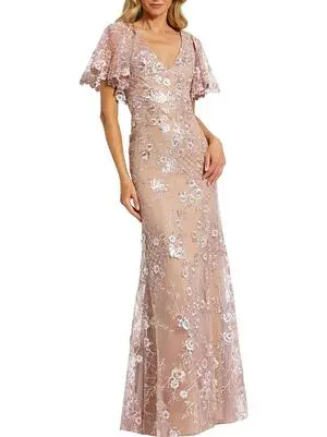 Mac Duggal Embellished Lace Butterfly Sleeve Gown - Rose Pink