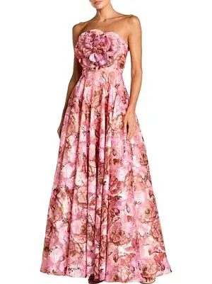 Mac Duggal Strapless Floral Printed A-line Gown With 3d Flower Embellishment - Rose Multi