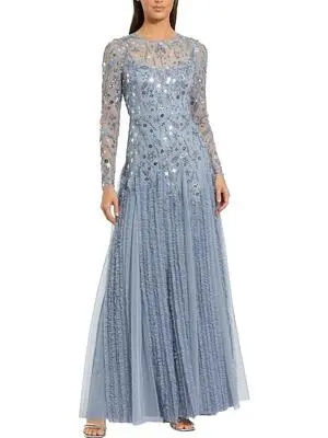 Mac Duggal Embellished Mesh Long Sleeve Ruffle Hem Gown - Slate Blue