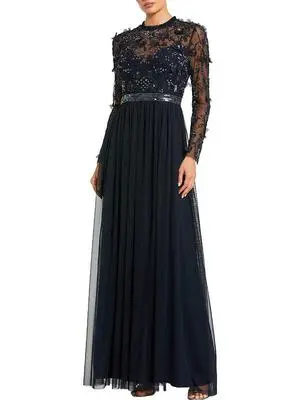 Mac Duggal Embellished Illusion High Neck Gown - Midnight