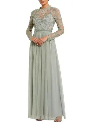 Mac Duggal Embellished Illusion High Neck Gown - Sage
