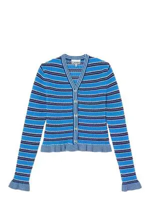 GANNI Striped Pointelle-knit Cardigan - Blue