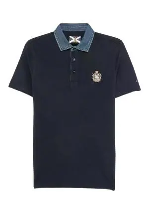 JOHNNY LAMBS Avvocato Denim-collar Crest-patch Polo Shirt - Blue