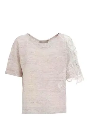 D.exterior Lace Appliqué Fine-knit T-shirt - Neutrals