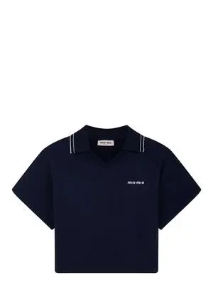 Miu Miu Cropped Cotton Sweatshirt With Logo Embroidery - Blue