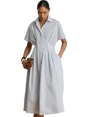 Ralph Lauren Striped Cotton Broadcloth Shirt Dress - Blue Multi