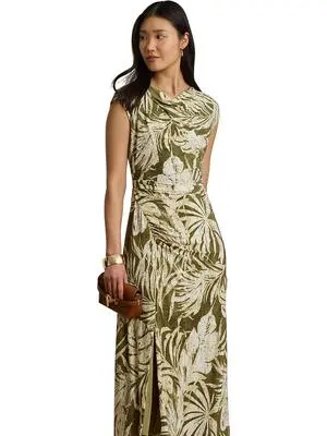 Ralph Lauren Palm Frond Print Jersey Cowl Neck Midi Dress - Olive Multi