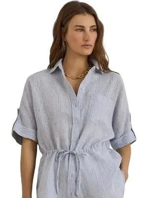 Ralph Lauren Striped Linen Roll-tab Sleeve Tunic Shirt - Blue Multi