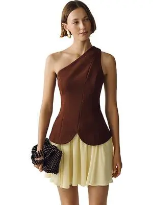 Maeve Maeve One-Shoulder Ruffled Mini Dress Brown