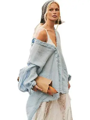 Free People Selene Button Down Linen Shirt - Ice Water