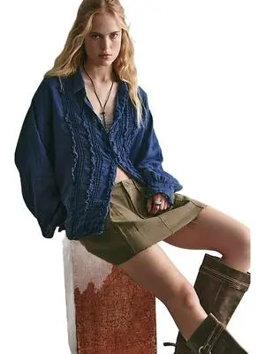 LLEA BLUE Linen Button-down Shirt With Ruffle Detailing - Deeper Iris