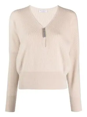 Brunello Cucinelli Embellished V-neck Jumper - Nude