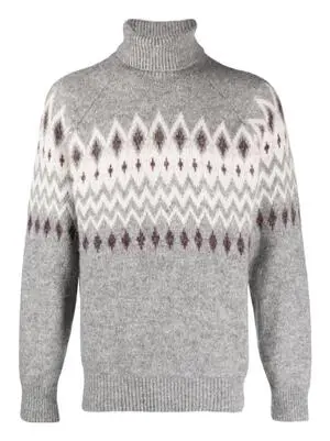 Brunello Cucinelli High Neck Patterned Intarsia-knit Sweater - Gray