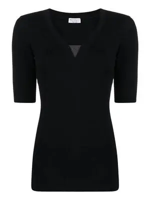 BRUNELLO CUCINELLI Brunello Cucinelli V-Neck Rib Knit Top With Beaded Lace Detail