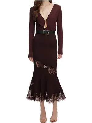 SELF-PORTRAIT Ribbed Knit Midi Skirt With Lace Inserts - Brown
