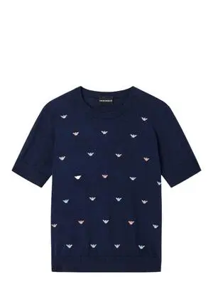 Emporio Armani Emporio Armani Short Sleeve Jumper With Micro Eagle Embroidery Blue