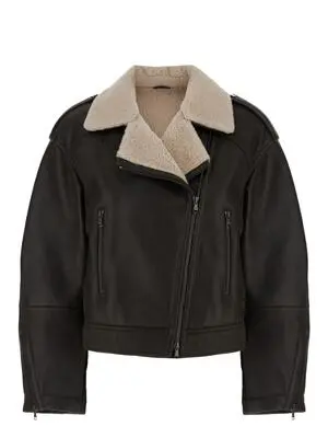 Brunello Cucinelli Shearling Collar Cropped Biker Jacket - Chocolate-colored