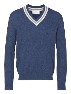 Brunello Cucinelli V-neck Cashmere Jumper With Striped Trim - Blue