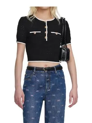 SELF-PORTRAIT Pointelle Button Knitted Top - Black