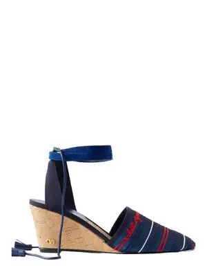 Valentino Garavani Striped Embroidered Wedge Sandals - Blue