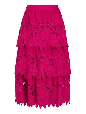 Farm Rio Tiered Broderie Anglaise Cotton And Linen-blend Midi Skirt - Fuchsia