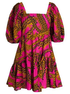 Farm Rio Tiered Printed Cotton-poplin Mini Dress - Fuchsia